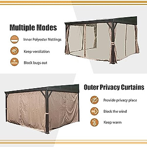 Domi Outdoor Living 10' x 12' Hardtop Gazebo with Aluminum Frame, Wall Mounted Gazebo Galvanized Steel Roof Sloping Pergola with Curtains and Netting for Patio Deck Backyard Lawn Party