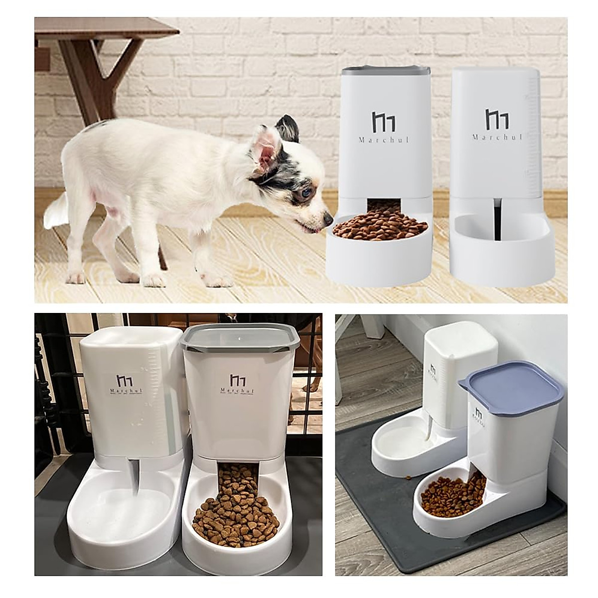 Marchul Gravity Pet Feeder and Water Dispenser Set, Cat Feeder with Silicone Mat, Automatic Cat Food Dispenser and Cat Water Bowl, Dog Feeder with Scoop Sponge Brush, Big Capacity 1 Gallon(3.8 L)