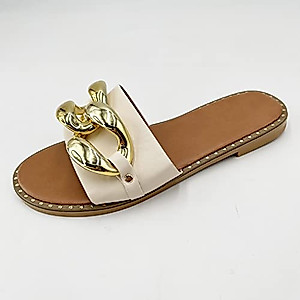 pearl&she Women's Leather Flat Slippers Metallic Link Chains Slip On Summer Indoor and Outdoor Slide Sandals(A Middle apricot 38)