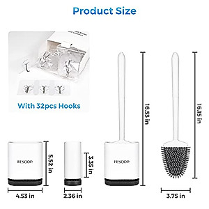 FESODR Toilet Brush with Holder (32Pcs Hooks Included), Silicone Brush Head Easily Clean Dead Corners, White