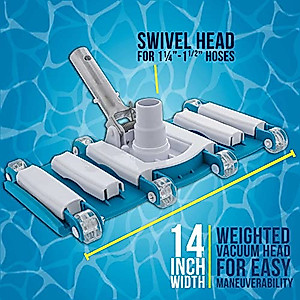 U.S. Pool Supply 14" Weighted Flexible Concrete Swimming Pool Vacuum Head with Swivel Hose Connection & Aluminum Spring Action Pole Handle - Connect 1-1/4" or 1-1/2" Hose