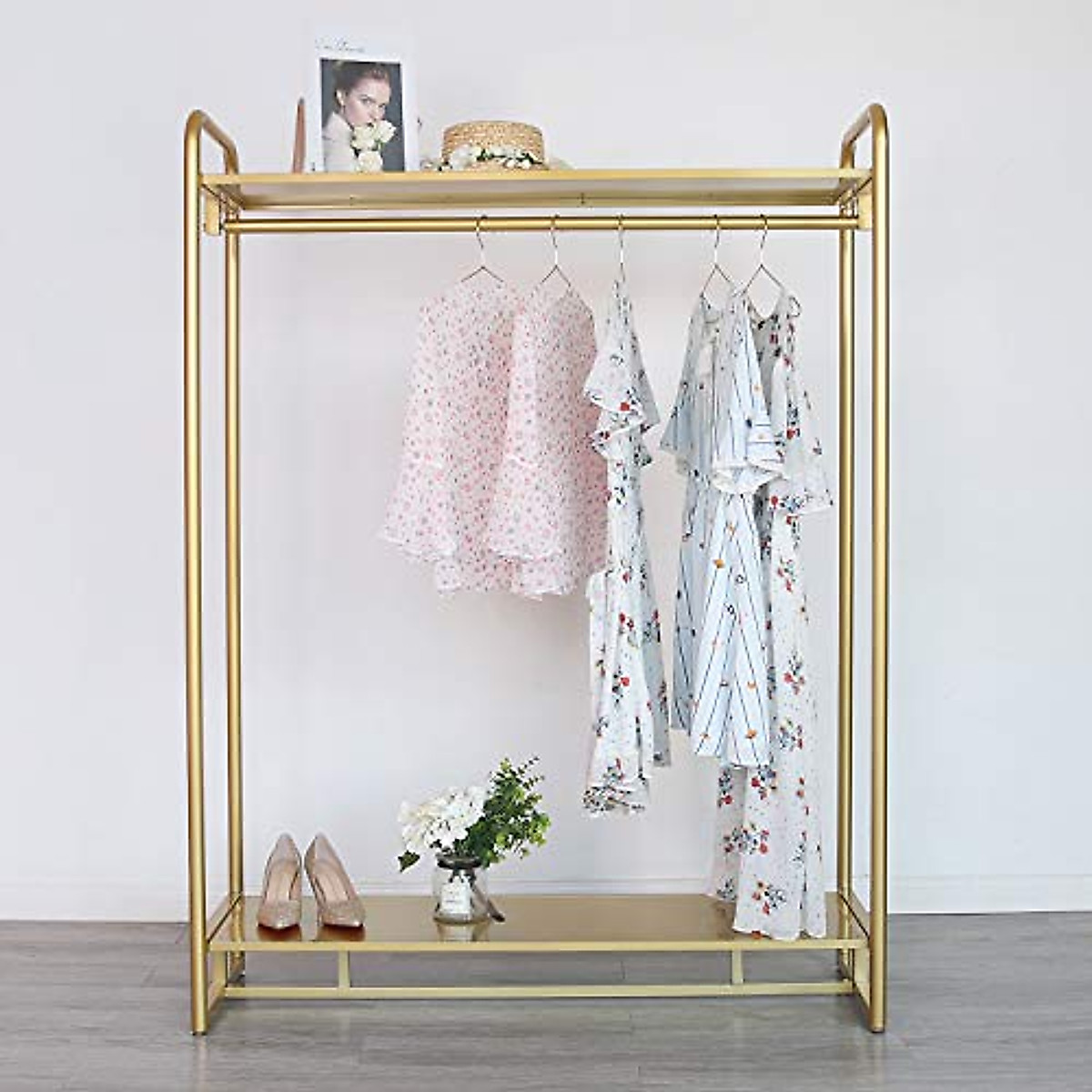 HOMEKAYT Gold Clothing Rack Modern Boutique Display Rack with 2-tier Shelf Full Metal Garment Rack Multiple Uses Hanging Rack for Home and Retail (59’’L)