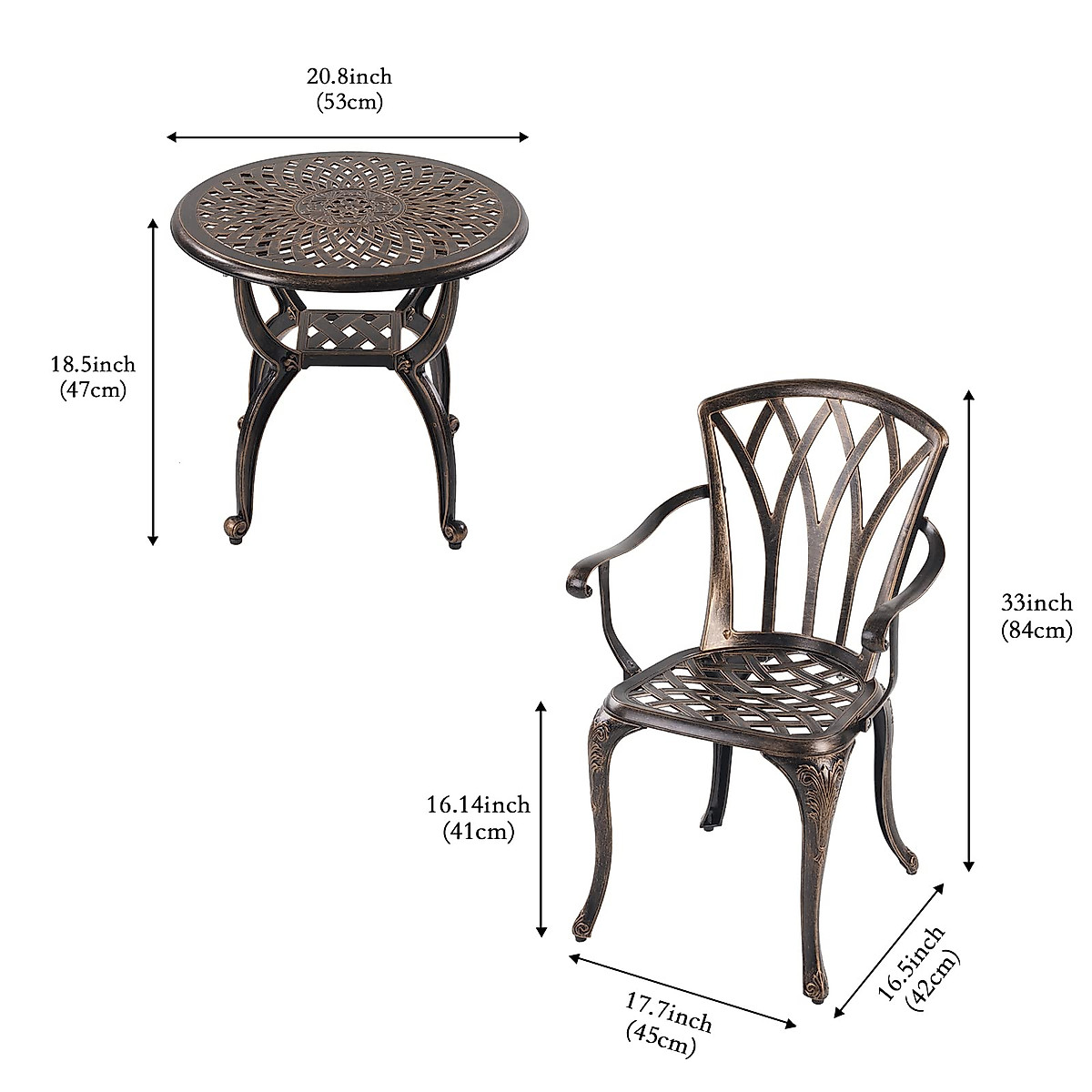 Jardin DE CENTENNAIL 3-Piece Outdoor Bistro Set Cast Aluminum Rust-Resistant Patio Furniture Armchairs Design (Copper)