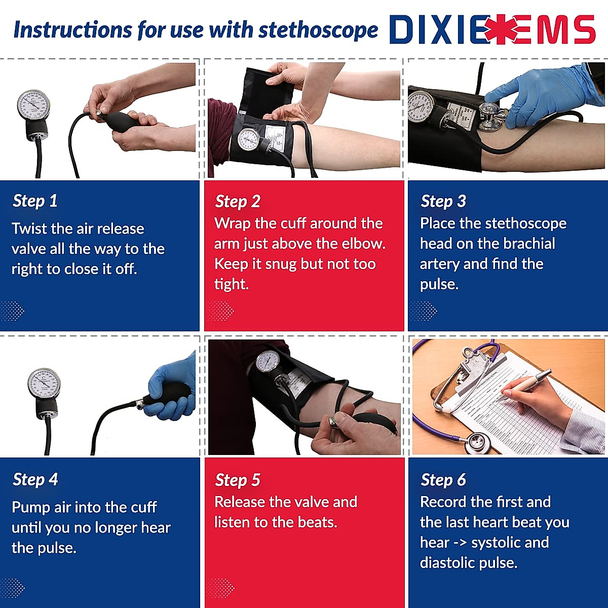 Dixie EMS Aneroid Sphygmomanometer Kit, Manual Blood Pressure Monitor Set with 5 Cuffs for Infant, Child, Adult, Large Adult, Thigh, & Carrying Case – Blue