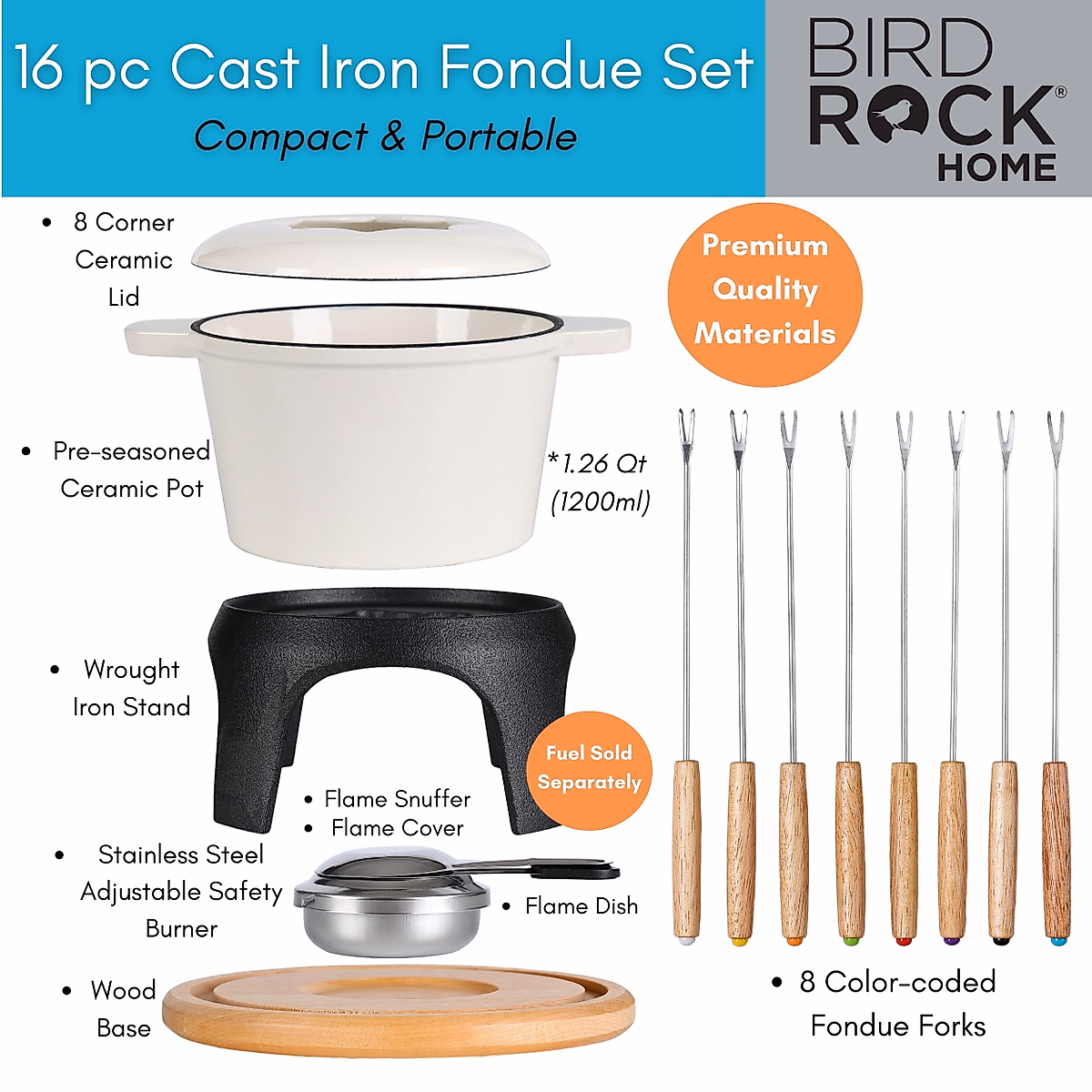 BIRDROCK HOME Cast Iron Fondue Pot Set | 8 Fondue Forks, Chrome Safety Burner | Chocolate, Cheese, Melting, Dip Warmer, Mini Fountain, Covered Strawberries | Wedding Gifts, Hosting Essentials | Cream