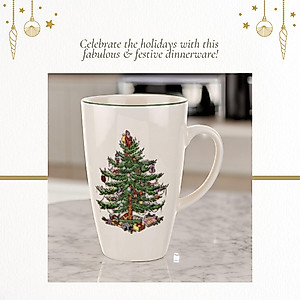 Spode Christmas Tree Latte Mug - 22 Oz Holiday Coffee Cup for Tea, Hot Cocoa, and More - Classic Green Banded Christmas Tree Design - Dishwasher & Microwave Safe Fine Earthenware Mug