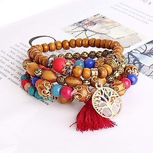 Hicdaw 6 Sets Stackable Bracelets for Women Colorful Bohemian Bracelets Hippie Jewelry Tassel Stretch Bracelet Set Gifts Bracelets for Women Beaded Bracelet