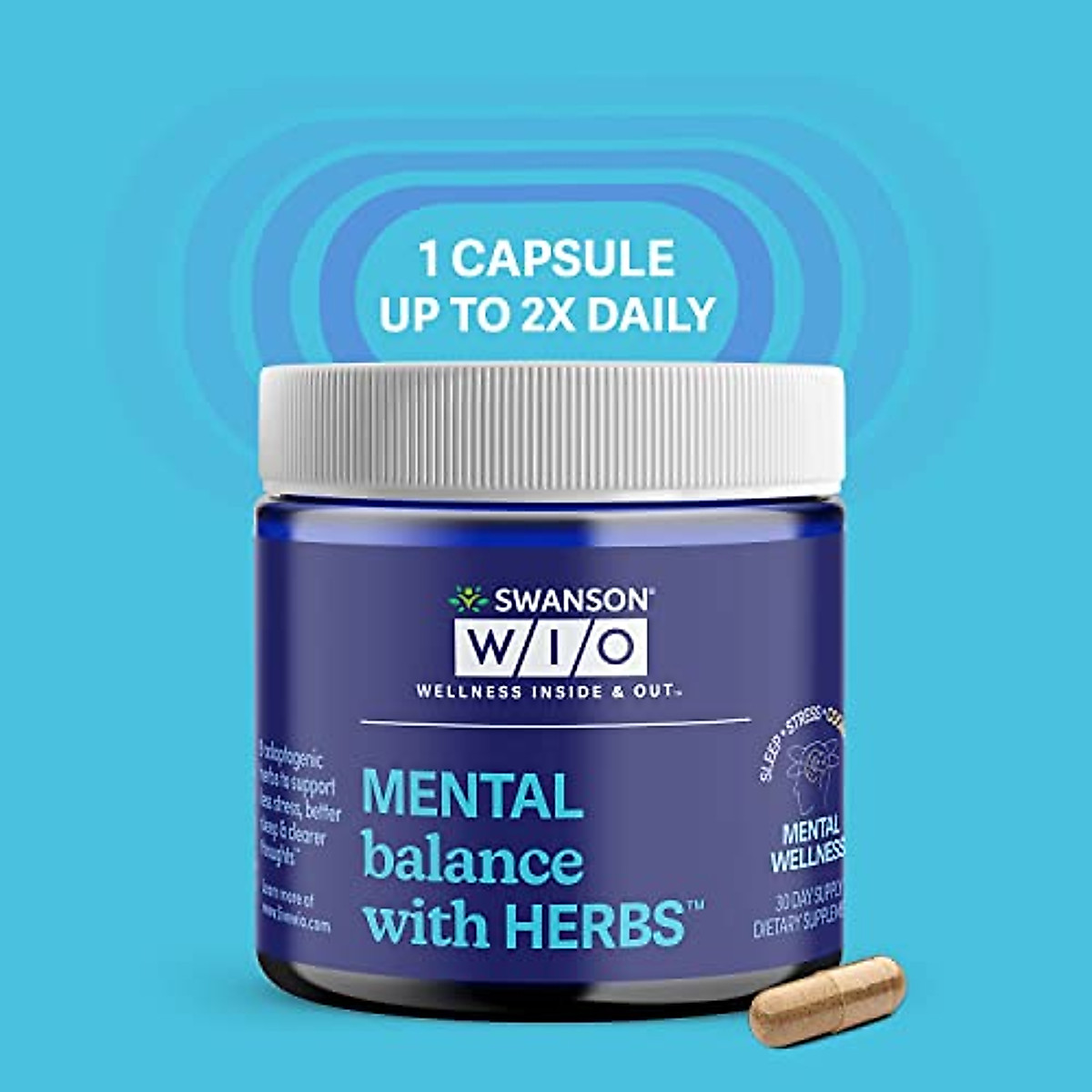 Swanson WIO™ Mental Balance with Herbs™ for Stress Support, Better Sleep, Ayurvedic, Focus, More Energy, Adaptogen, Ashwagandha, Ginseng, Mental Wellness, 30 Capsules (30-Day Supply)