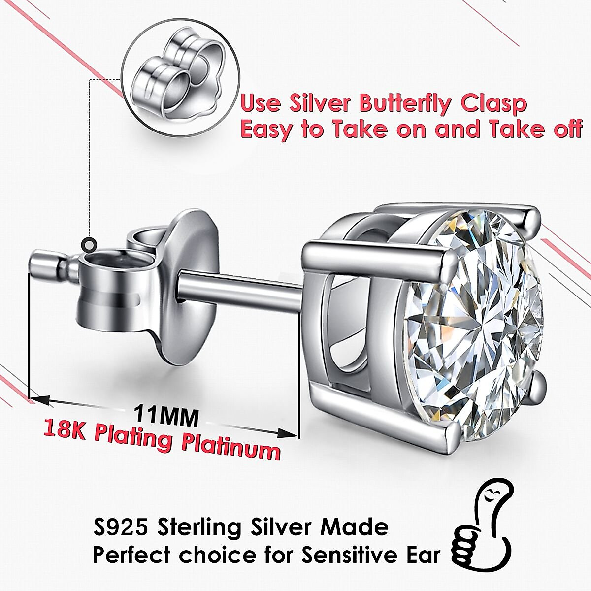 Silver CZ Studs Diamond Studs Sterling Silver Round Cut Cubic Zirconia Earrings Cubic Zirconium Earrings Cubic Zirconia Studs 8mm Diamond Earring Studs CZ Earring Studs for Women