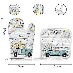 Chic D Kitchen Oven Mitts Gloves and Pot Holders Sets,Truck Farm Fresh Daisies Vintage Heat Resistant Oven Mittens and Potholders Hot Pads Set Non-Slip for Cooking BBQ Baking Grilling