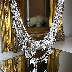 Jacruces Butterfly Necklace Tennis Chain Butterfly Choker Bling Iced CZ Butterfly Necklace Silver Women (16, 3mm-Silver)