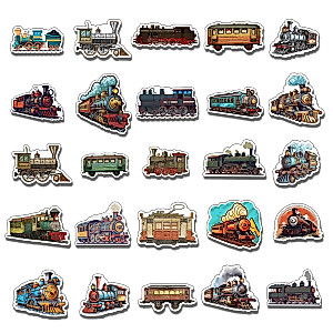 50 Pack Pcs Vintage Train Stickers for Water Bottles Waterproof Vinyl Laptop Luggage Scrapbooking Transportation Sticker Packs Bulk Set Adults Teens Boys Aesthetic Small Decals