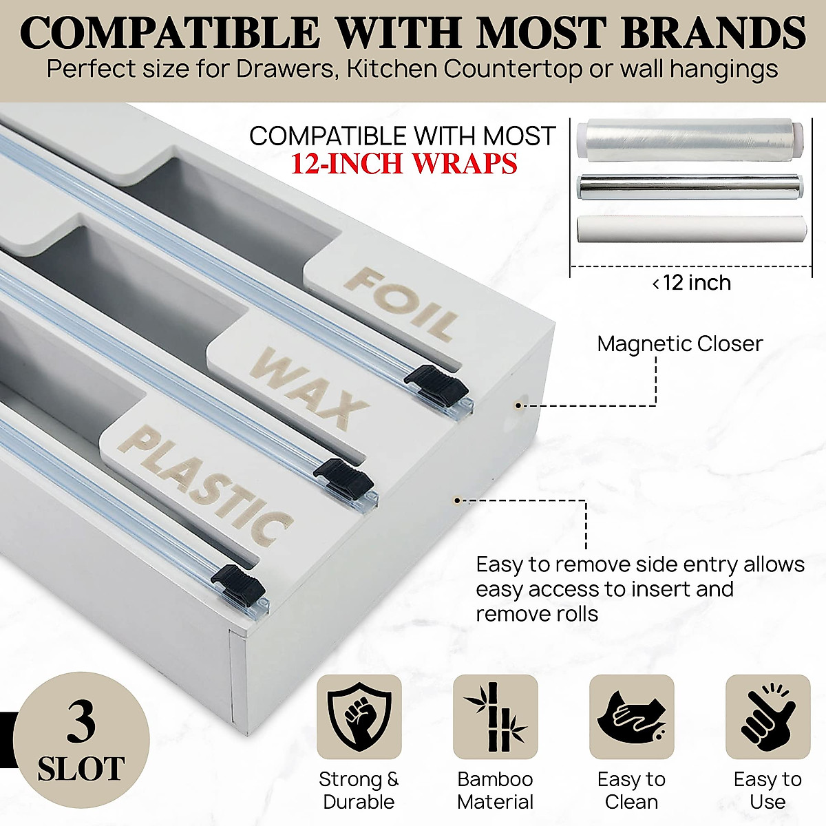 The Luxe Union 3-in-1 Wax, Foil, and Plastic Wrap Dispenser with Cutters, Drawer and Countertop Organizer for Cling, Film, and Parchment Paper, Pre-Labeled Organization, Bamboo Holder