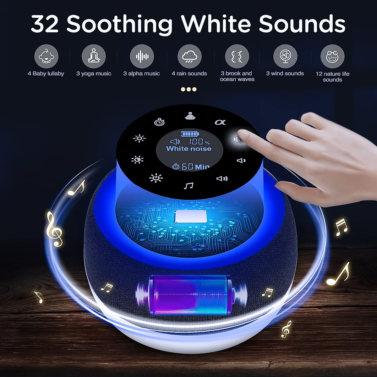 White Noise Machine with Warm Night Light for Adults Baby Sleeping, Sound Machine for Bedroom Kids with 32 Soothing Sounds, 6 Timers, Rechargeable & Headphone Jack