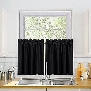Valea Home Blackout Short Curtains Waterproof Soft Rod Pocket Kitchen Curtains for Bathroom Window Room Darkening Small Curtains for Bedroom 24 inch Length, 2 Panels, Black