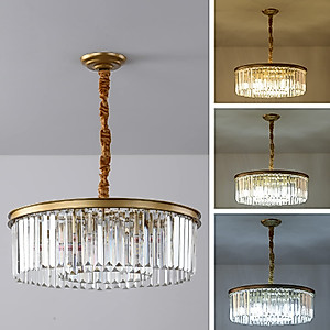 Laiuetai Gold Modern Crystal Chandelier, 2-Tier Round Flush Mount Ceiling Light Fixtures Height Adjustable Pendant Lighting for Dining Room Living Room Bedroom Kitchen Hotel Foyer