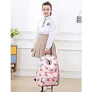 MIRLEWAIY 15.7 inch Water-resistent Large Capacity Travel Laptop Backpack Lightweight Primary Junior School Bag for Teen Girls, Pink Strawberry