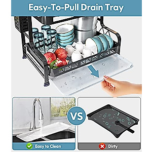 BOOSINY Dish Drying Rack for Kitchen Counter, 2 Tier Large Dish Drainers with Cup Holder and Utensil Holder, Dish Dryer Rack with Drainboard Set (304 Stainless Steel - Black)
