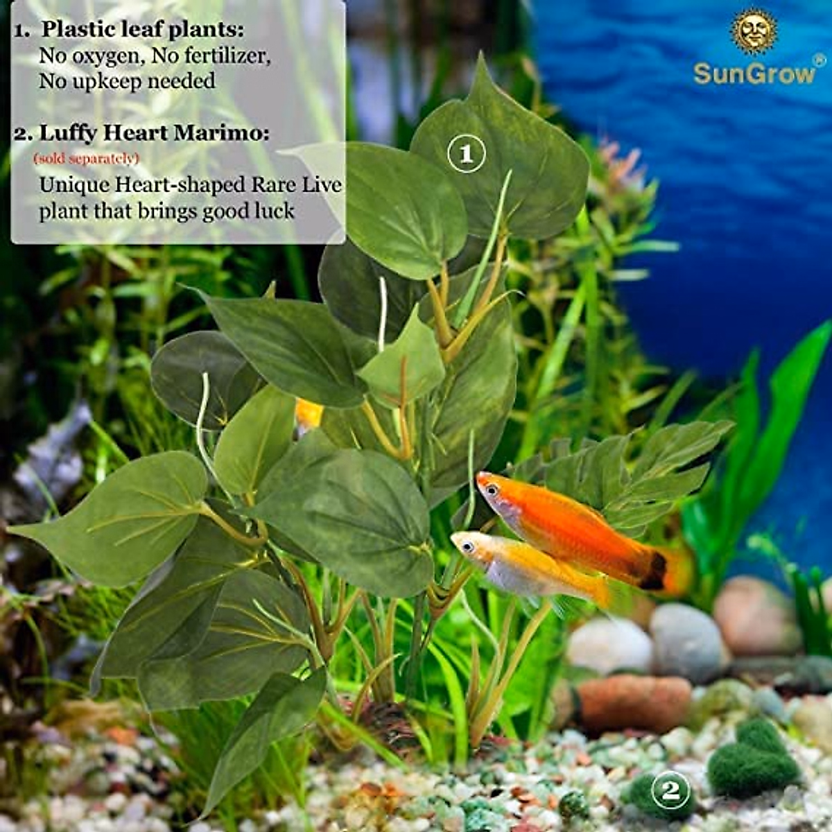 SunGrow 10" Plastic Leaf Plant, Heavy-Duty Ceramic Base, Hiding Spot for Fish, Betta, Angelfish, Gold Fish, Frog, Python, Reptiles, Amphibians