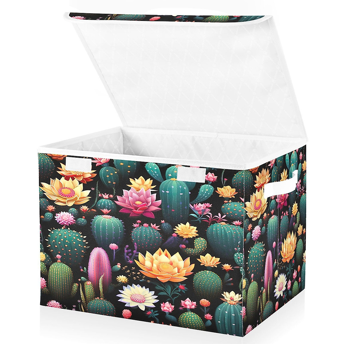 FUGIDOG Storage Boxes with Lids and Handles Watercolour Cactus Foldable Fabric Storage Bins Closet Organizer Large Toy Clothes Containers for Home, Bedroom, Shelves, Office
