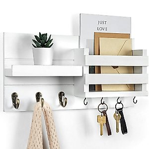 Lwenki Mail Organizer for Wall Mount – Key Holder with Shelf includes Letter Holder and Hooks for Coats, Dog Leashes – Rustic Wood with Flush Mounting Hardware (16.5” x 8.7” x 3.5”)