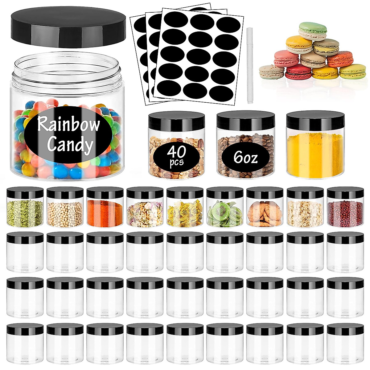 6OZ Plastic Jars with Black Lids 40Pcs Empty Plastic Pot Jars Round Refillable Clear Slime Containers Jars Airtight Plastic Storage Jars for Travel Storage Home Kitchen Food Slime Making