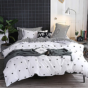 Omelas Kids Heart Love Twin Duvet Cover Set Black and White Teens Girls Lovely Heart-Shaped Pattern Striped Reversible Bedding Soft Breathable Quality Brushed Microfiber (3 Pcs,XD,T)