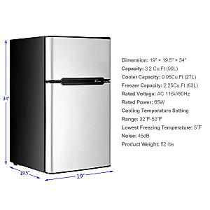 Toolsempire 3.2 Cu. FT Mini Fridge with Freezer, Dual Door Refrigerator with Adjustable Temperature & Removable Glass Shelves, Mini Fridge for Dorm, Office, Kitchen (Grey)