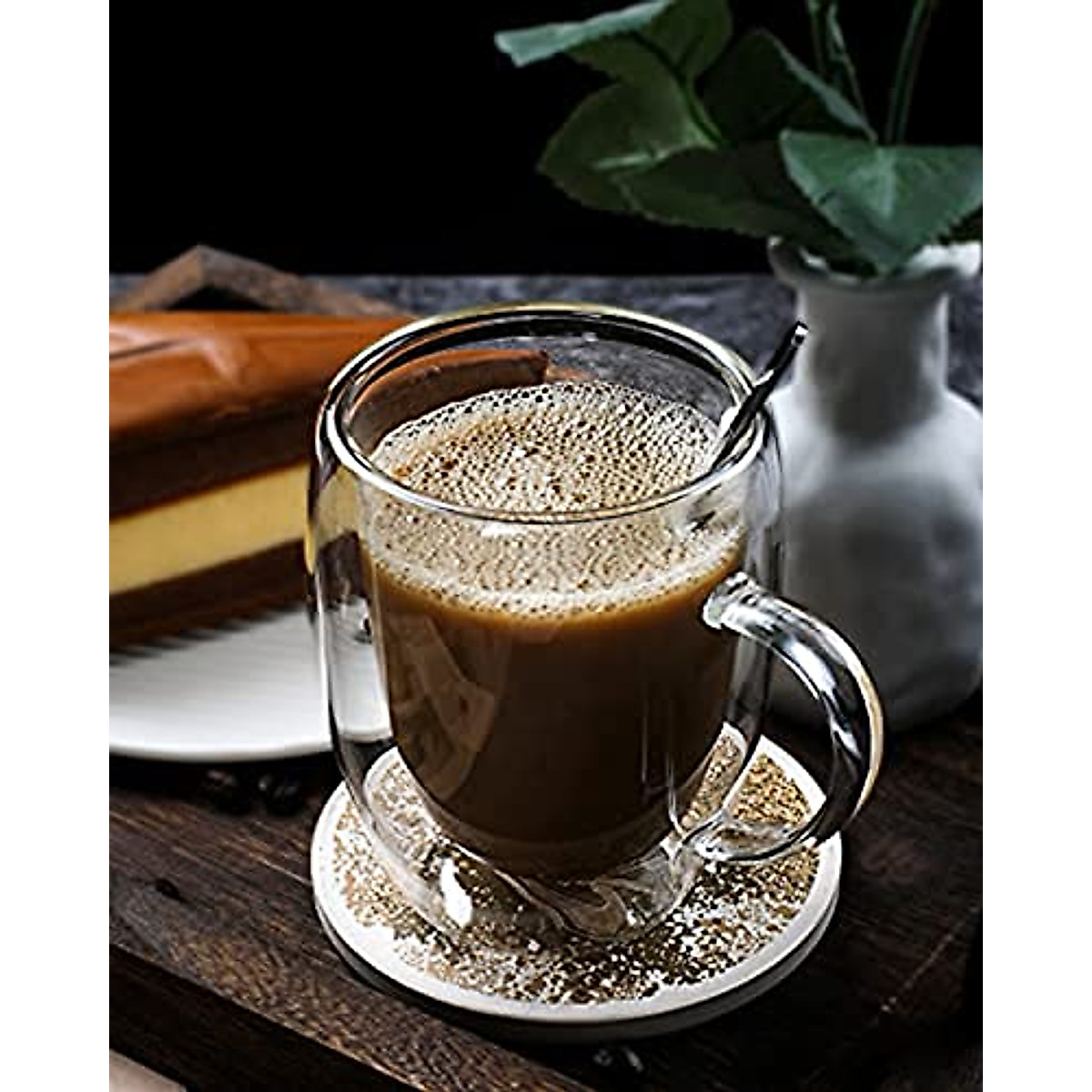 LIBWYS 4 Pack Double Walled Coffee Cups Glasses Mugs, 12oz Espresso Cappuccino Latte Tea Cups with Handle, Heat Resistant Borosilicate Clear Glasses 350ml