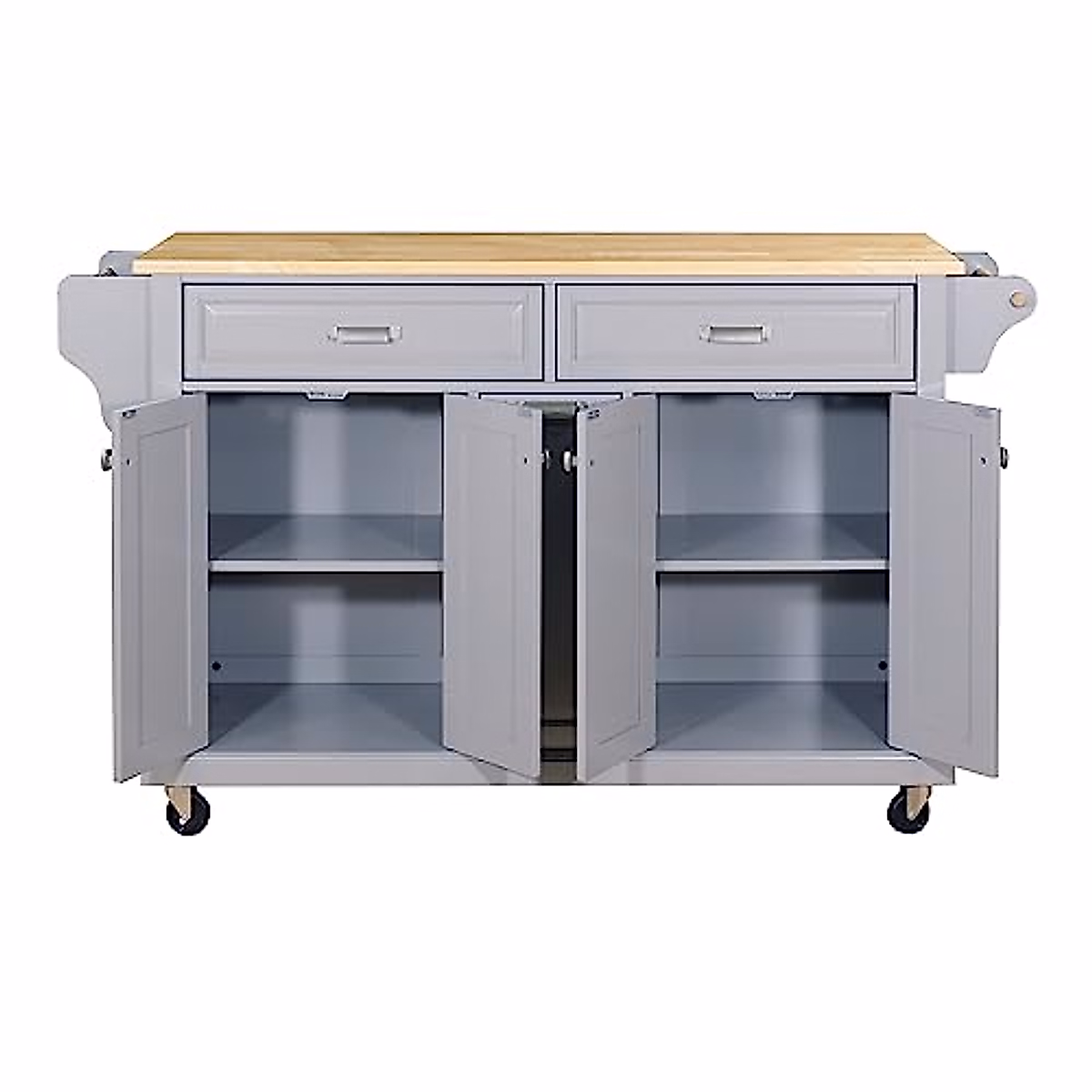 LKTART 51'' Mobile Kitchen Island Extensible 60.5''Solid Wood Table Top with 3 Drawers 4 Doors Spice Rack Towel Rack Movable on Wheels Kitchen Island for Kitchen