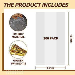 NPLUX Bread Bags for Homemade - Clear Cellophane Bags Plastic Treat Bags with Ties for Airtight Storage of Baked Goods（100PACK, 8x8x14in)