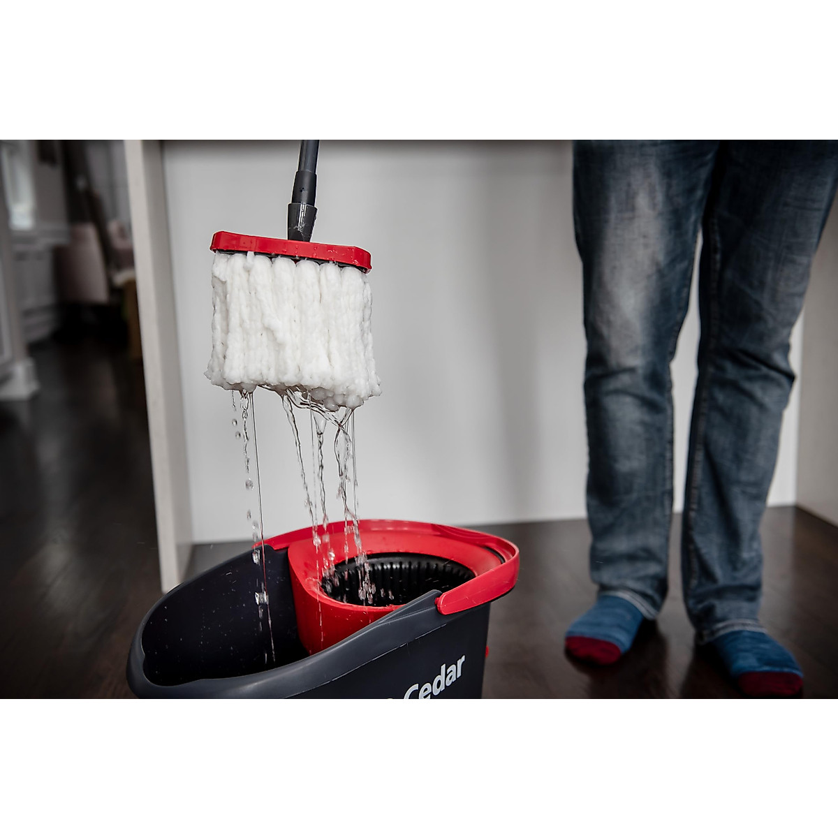 O-Cedar EasyWring Microfiber Spin Mop, Bucket Floor Cleaning System, Red, Gray