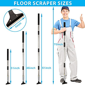 Floor Scraper, Scraper Tool Long Handle Adjustable 31" to 61" with 4-inch Razor Blade Stainless Steel Material Cleaning Glass Wall Gum Paint Tile Glue Linoleum Carpet Sturdy Durable