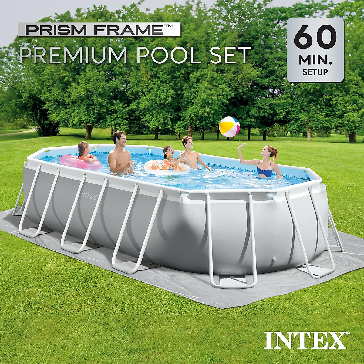 Intex 26795EH Prism Frame Premium Oval Above Ground Swimming Pool Set: 16.6ft x 9ft x 48in – Includes 1500 GPH Cartridge Filter Pump – Removable Ladder – Pool Cover – Ground Cloth
