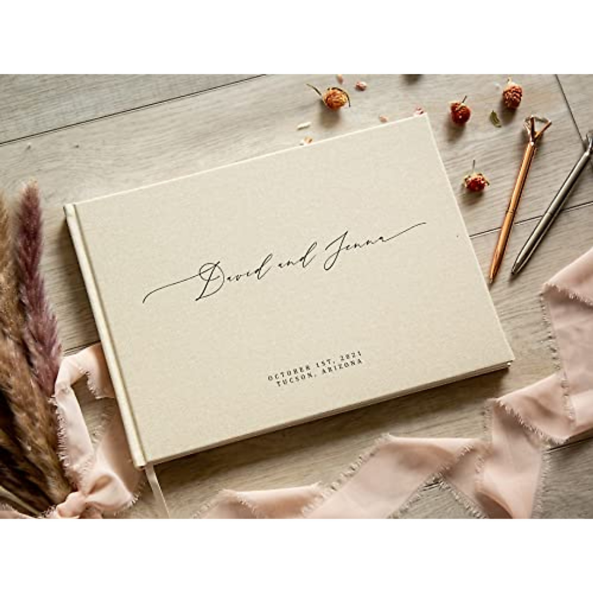 MUUJEE Personalized Guestbook in Cream - Premium Custom Modern Guest Book for Wedding Reception, Birthday Party or Events w/Bookmark Blank Pages for Signing 11.5 x 8.5 inches