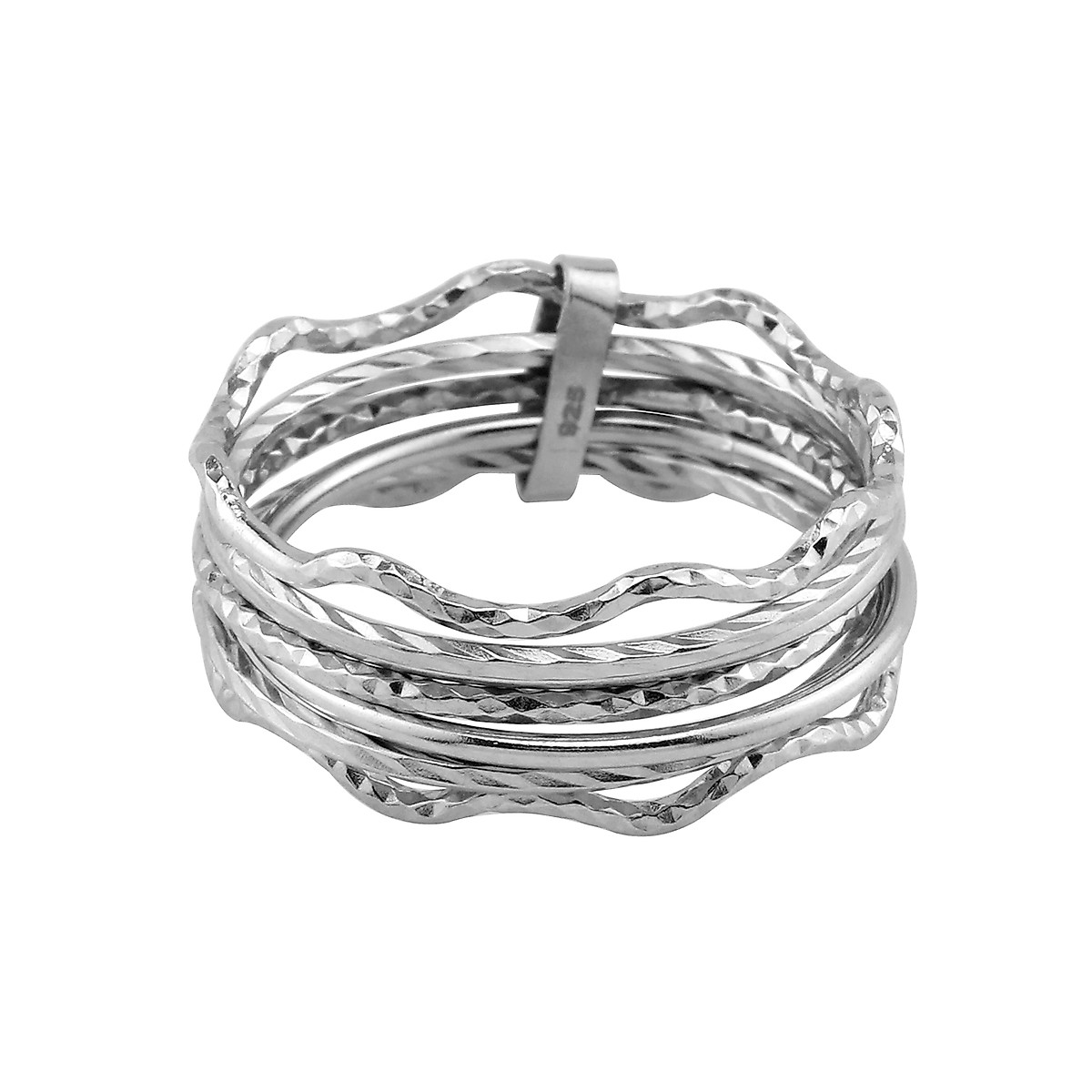 Silvershake 925 Sterling Silver White Gold Plated Thin Mixed Texture Band-7 Wraparound Skinny Wire Stackable Ring Handmade Jewelry for Women Size 8