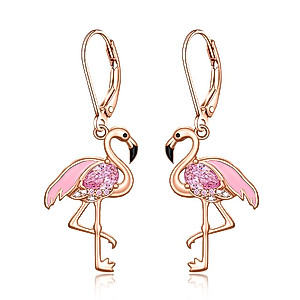 Flamingo Earrings for Women Christmas Flamingo Dangle Earrings Rose Gold Sterling Silver Leverback Flamingos Jewelry