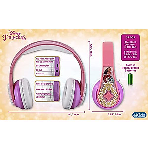 eKids Disney Princess Bluetooth Headphones with EZ Link, Wireless Headphones with Microphone and Aux Cord, Kids Headphones for School, Home, or Travel