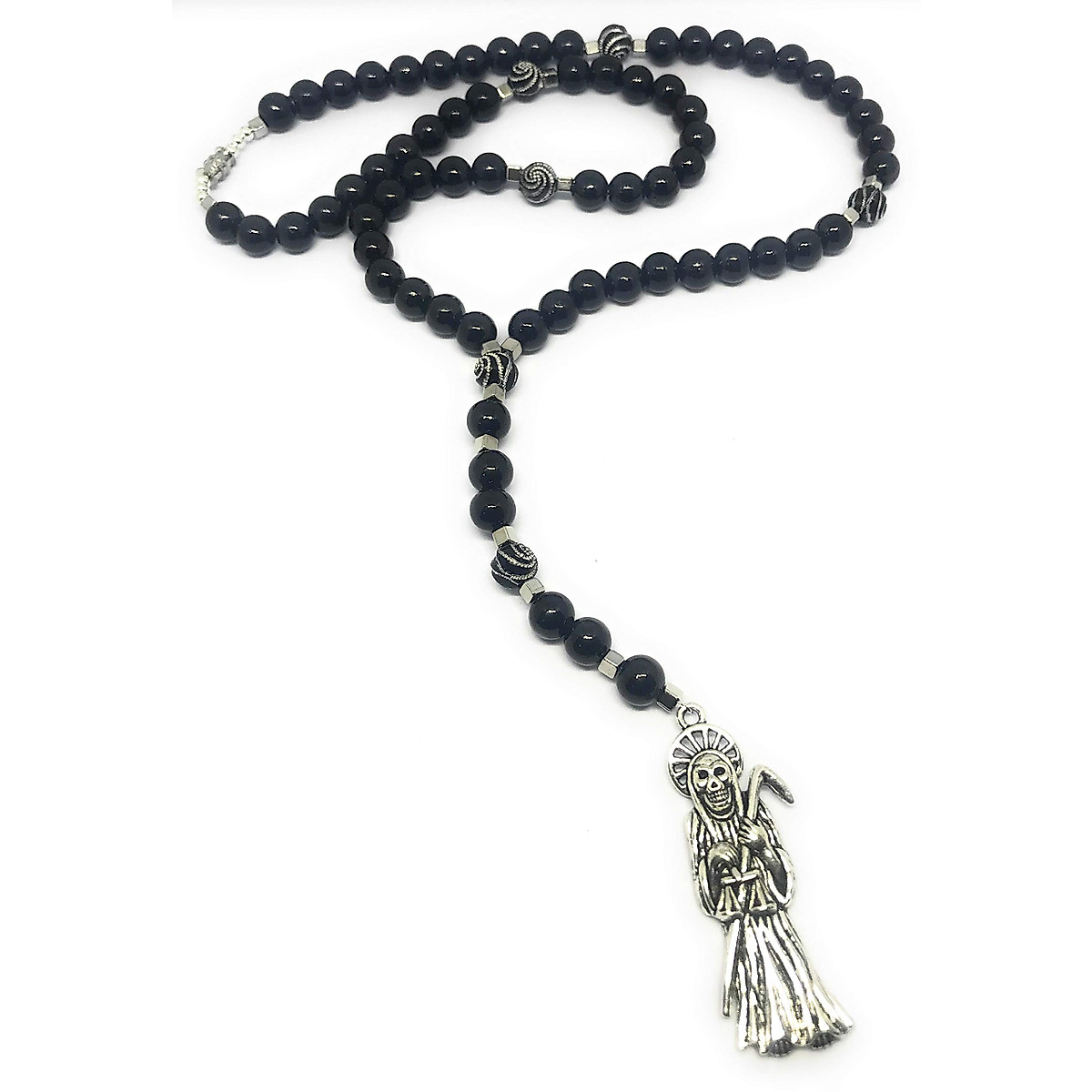 Acrylic Holy death's necklace, rosary style. Collar de la Santa Muerte de acrilico estilo rosario. Grim reaper Y style necklace.