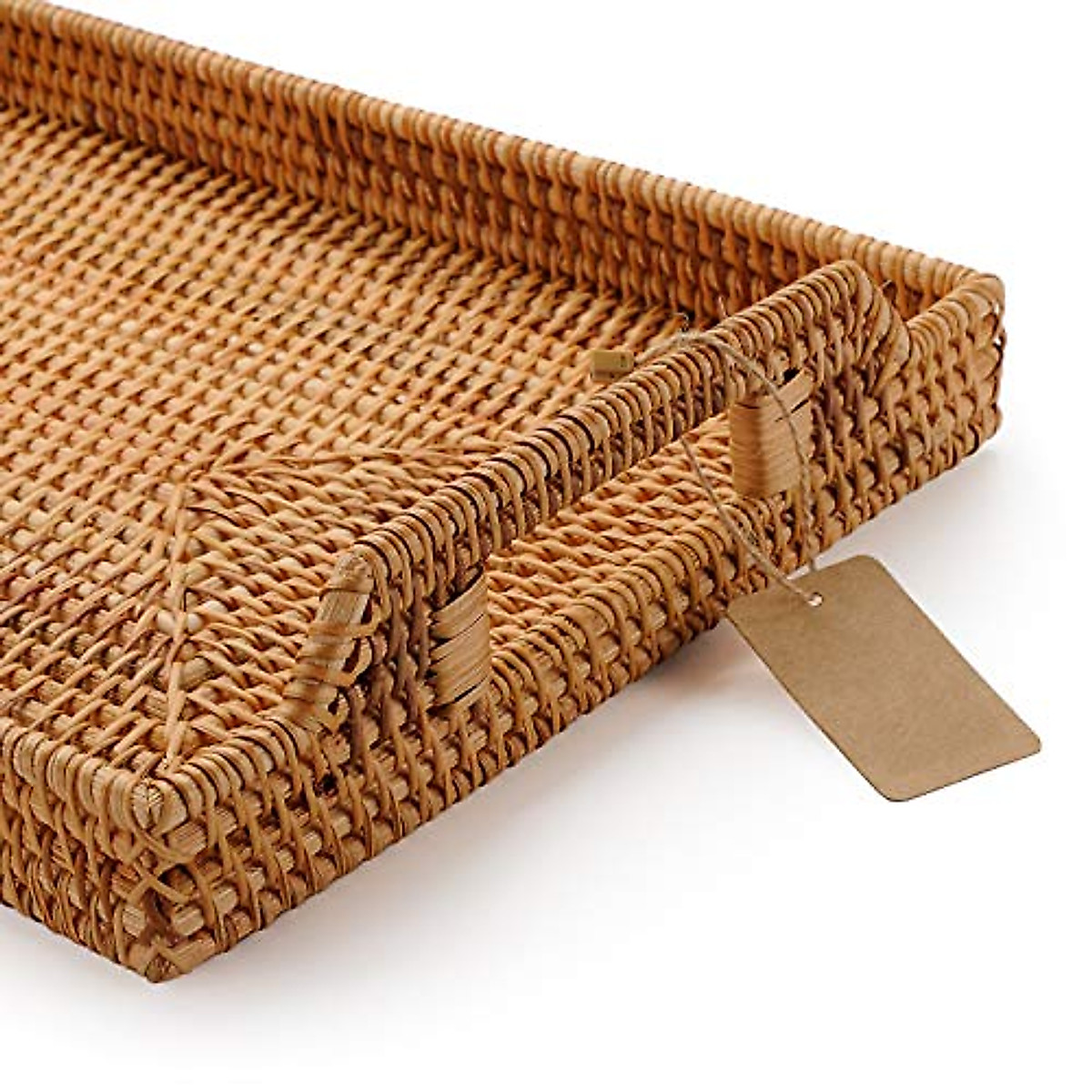 Hand-Woven Rattan Rectangular Serving Tray with Handles for Breakfast, Drinks, Snack for Coffee Table (17x11.4x1.8inches)