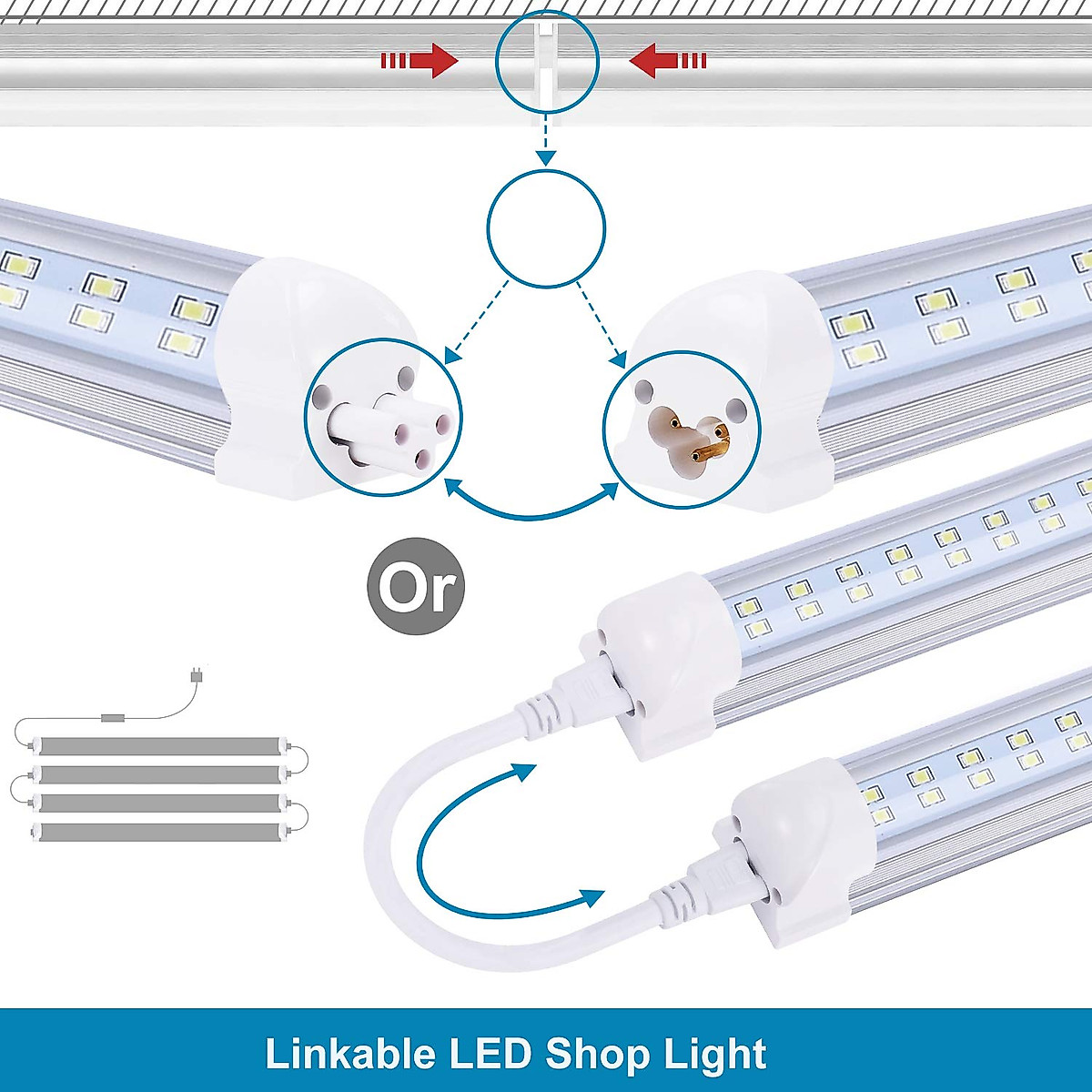8FT LED Shop Light Fixture, T8 Integrated Tube Light Fixture, 72W, 8640LM, 6000K, High Output, Brighter White, 8 foot Linkable LED Tube Light for Garage, Warehouse (4-Pack)