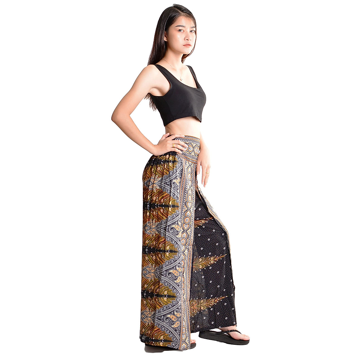 Orient Trail Womens Palazzo Wide Leg Slit Split Leg Yoga Wrap Pants Casual Beach Boho Hippie Bohimian Pilate Flowy Pilates Medium Peacock Black