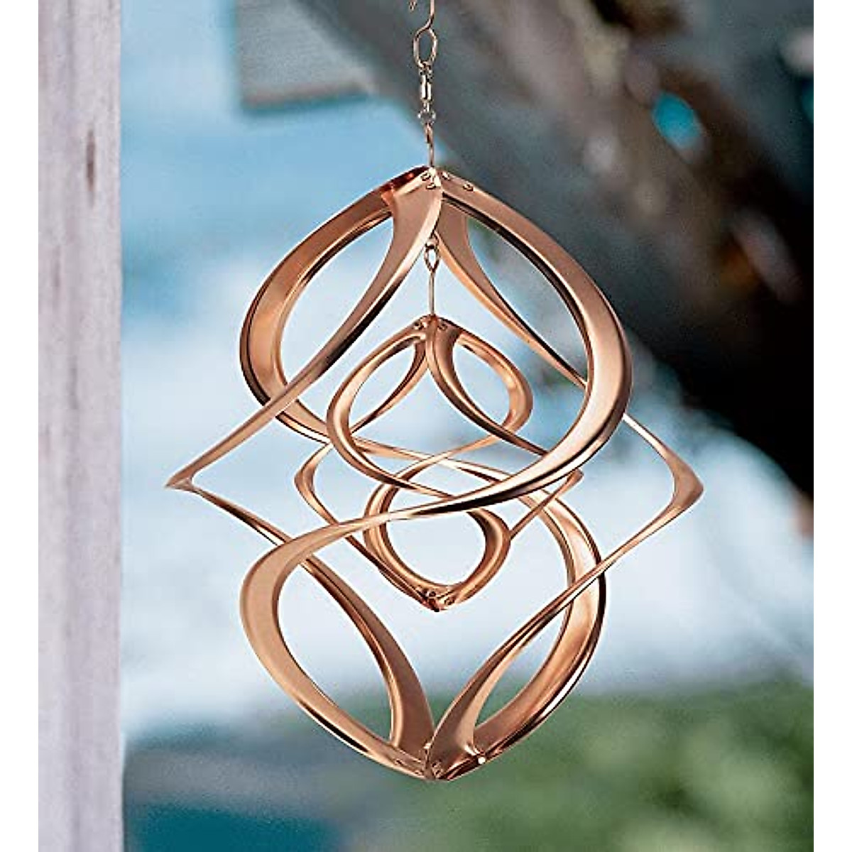 Wind & Weather Copper-Plated Dual Spiral Hanging Metal Wind Spinner, Steel, Ultra-Sensitive, Double Spinner, Kinetic Garden Art, Spinner 10" Dia. x 11" H, Chain 3" H