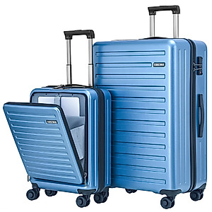 TydeCkare 2pcs 20/28" Luggage Set Lightweight HardShell, Only 20 Inch Carry On 21.65 * 15.35 * 7.87" Cabin Suitcase with Front Pocket, 28 Inch 19.68 * 11.81 * 29.92" Checked Luggage, Blue