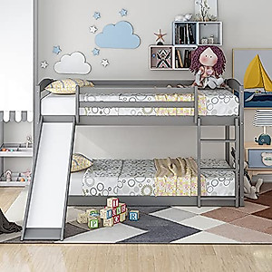 TARTOP Twin Over Twin Bunk Bed with Convertible Slide and Ladder,Solid Pinewood Frame, Low Bunk Bed w/Safety Guardrails,Suitable for Kids/Teen,No Box Spring Needed,Gray