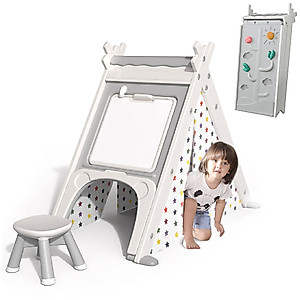 Merax Foldable Triangle Climber, 4-in-1 Kids Hideaway Play Tent with Art Easel, Stool for Toddlers, Climbing Triangle Crawling Tunnel Toy Activity Play Set (White)