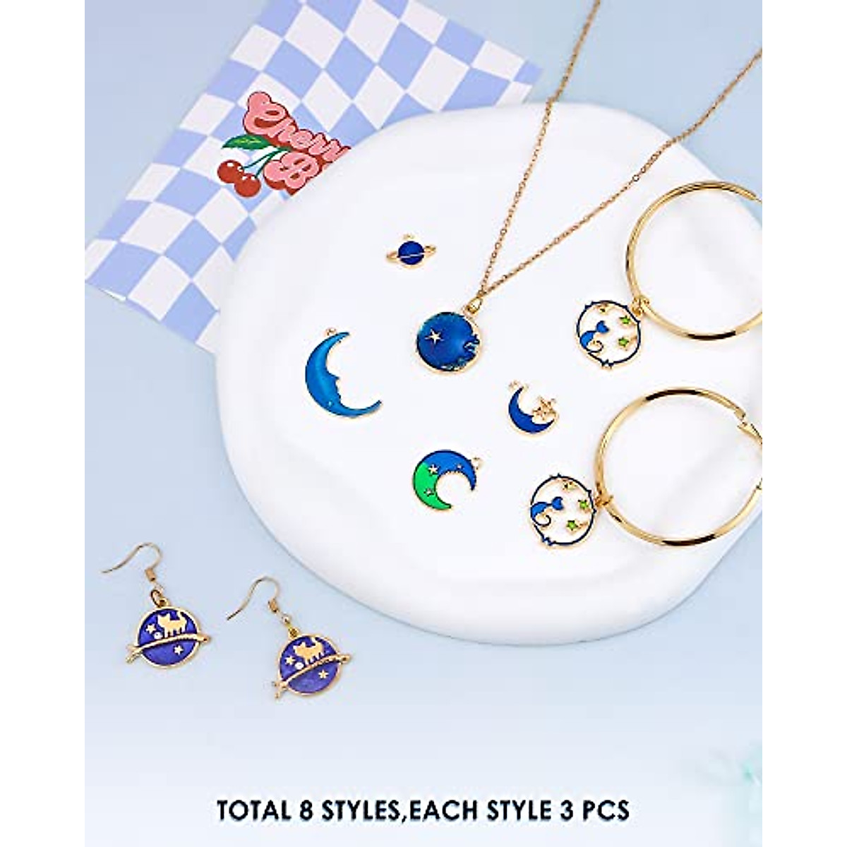 JIALEEY Assorted Gold Plated Enamel Cat Moon Star Celestial Charm Pendant DIY for Earrings Necklace Bracelet Jewelry Making and Crafting