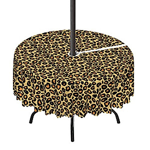 Animal Print Pattern round outdoor tablecloth,Round Tablecloth with Umbrella Hole and Zipper for Patio Garden,Waterproof Spill-Proof,for patio table with umbrella(72" Round,Mustard Orange and Black)