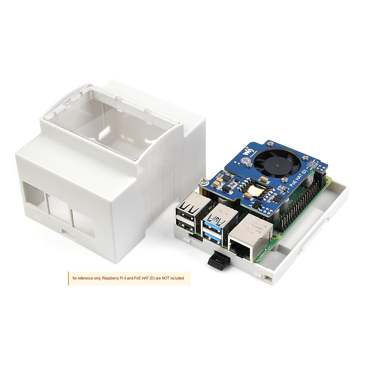 DIN Rail Case for Raspberry Pi 4, DIN Rail Mount Support, ABS Material, Clear Top Window, Large Inner Space Allows Accommodating an Extra Add-on Such as PoE HAT (D), RS485 CAN HAT etc. Easy to Use