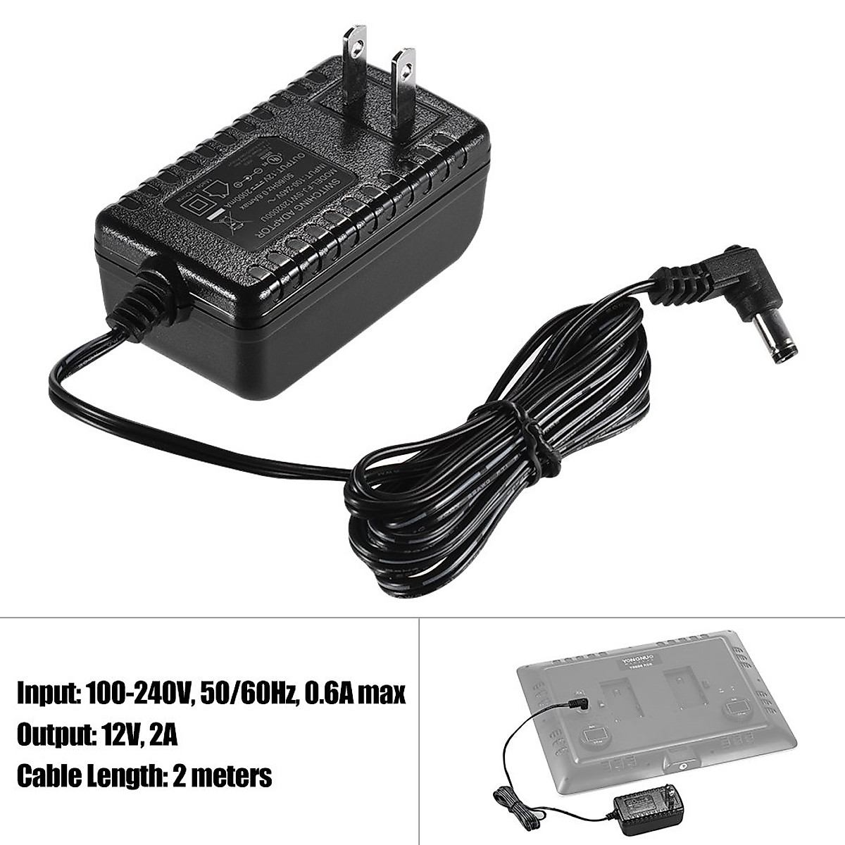 YONGNUO 12V 2A Standard Power Adapter with US Plug Wide Voltage 100-240V for YONGNUO YN300III YN216 YN1410 YN300Air YN160III YN168 YN360 LED Video Light